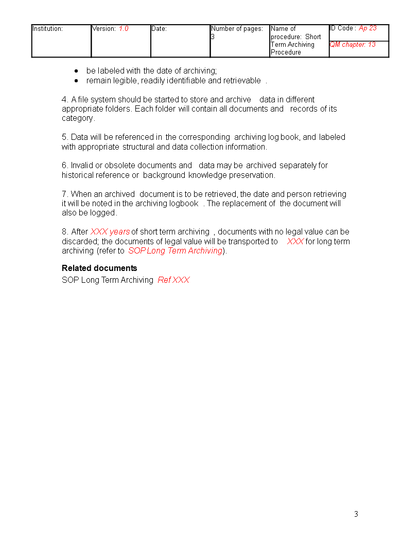 Short Term Archiving Documents SOP | Templates at allbusinesstemplates.com