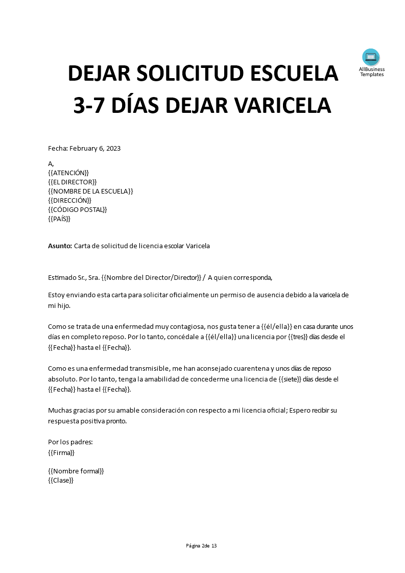 Carta de Baja Escolar por Fiebre Gratis