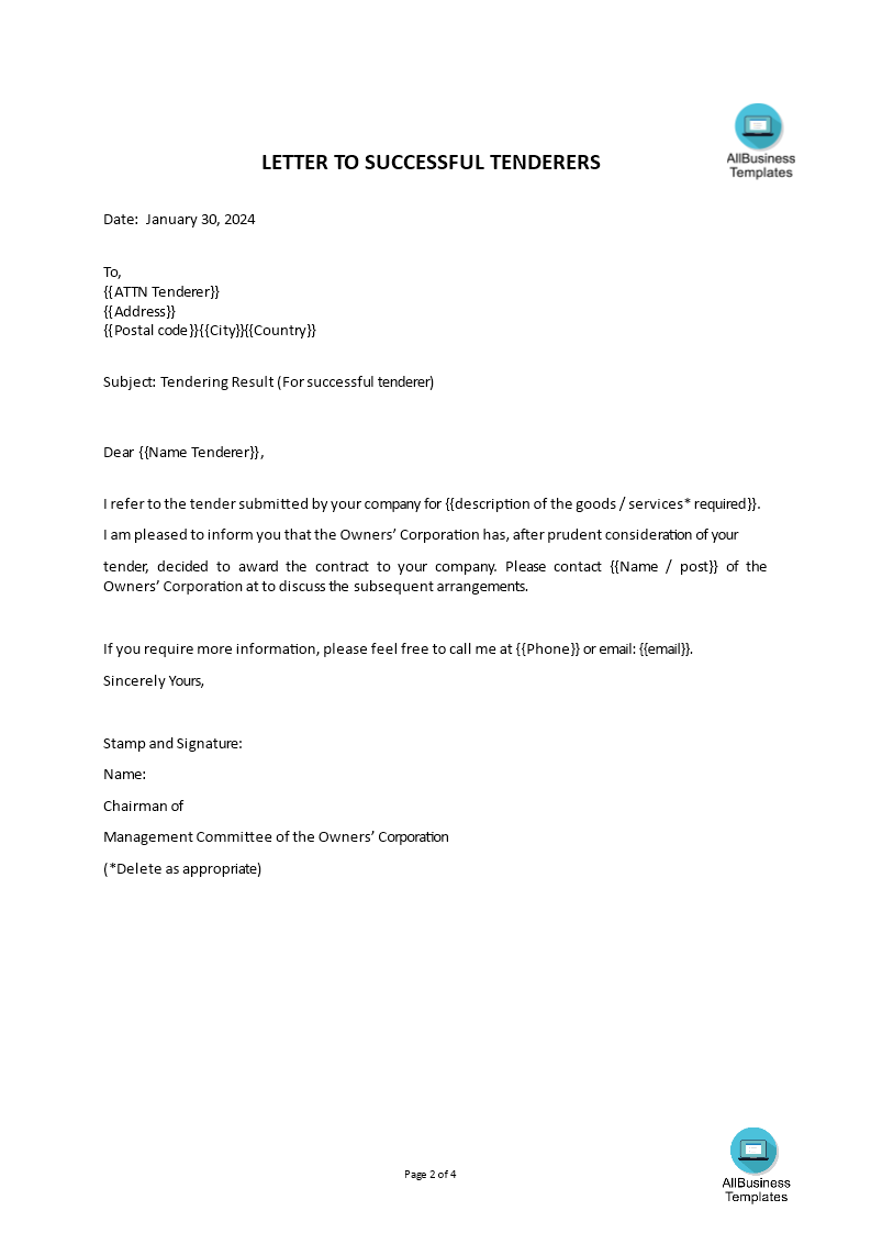 Letter Unsuccessful Tenderers | Templates at allbusinesstemplates.com