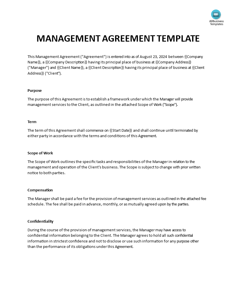 Management Agreement Template | Templates at allbusinesstemplates.com