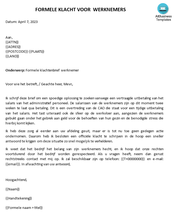 Voorbeeld Klachtenbrief aan Baas / Manager / Werkgever Gratis