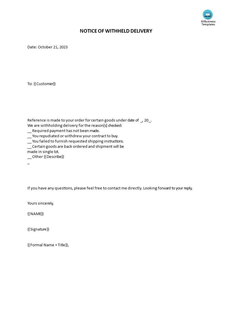 Witholding Delivery Notification | Templates at allbusinesstemplates.com