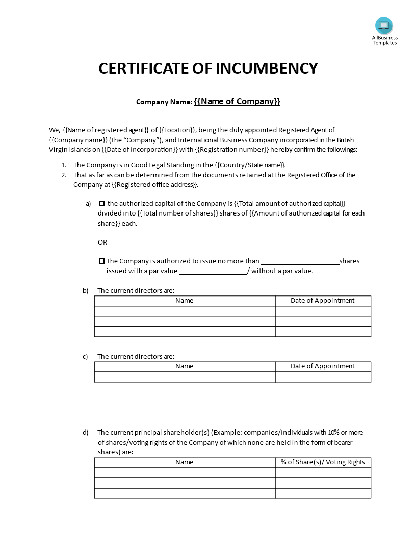 Certificate of Incumbency Gratis