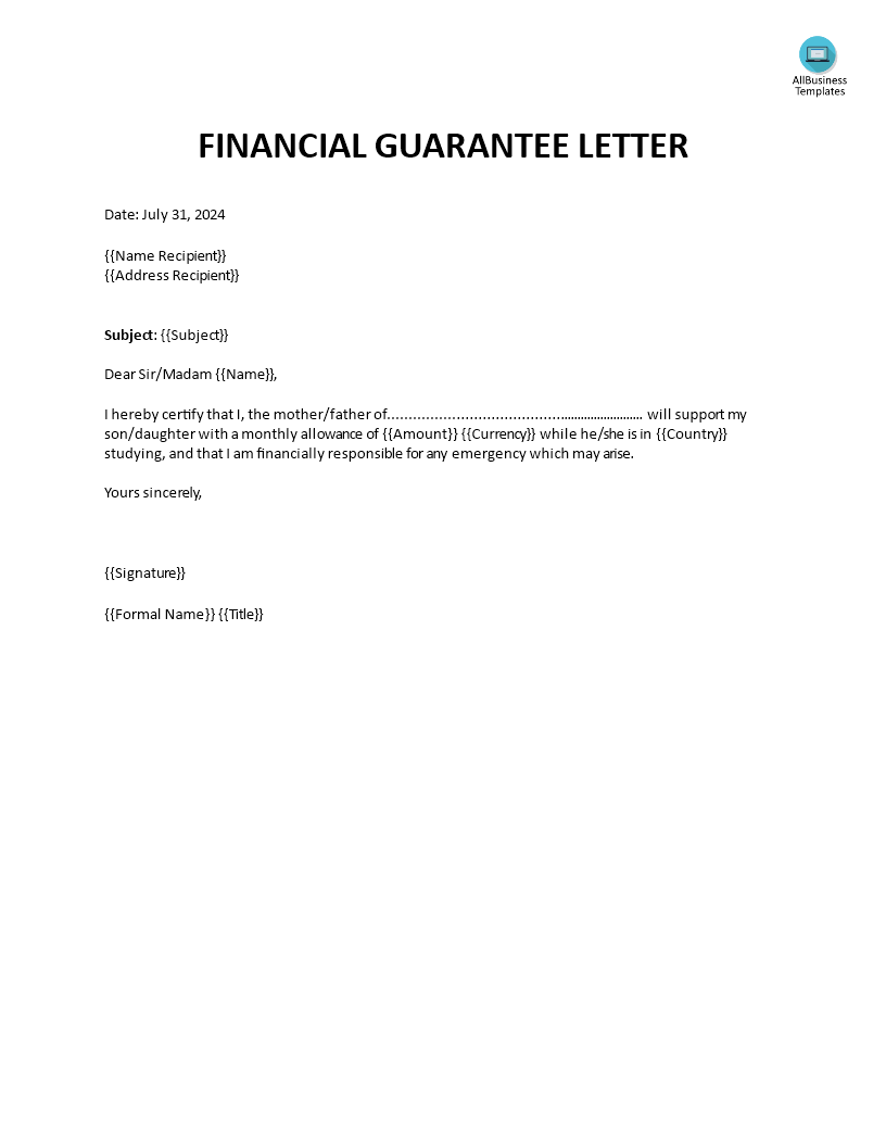 Financial Guarantee Letter | Templates at allbusinesstemplates.com