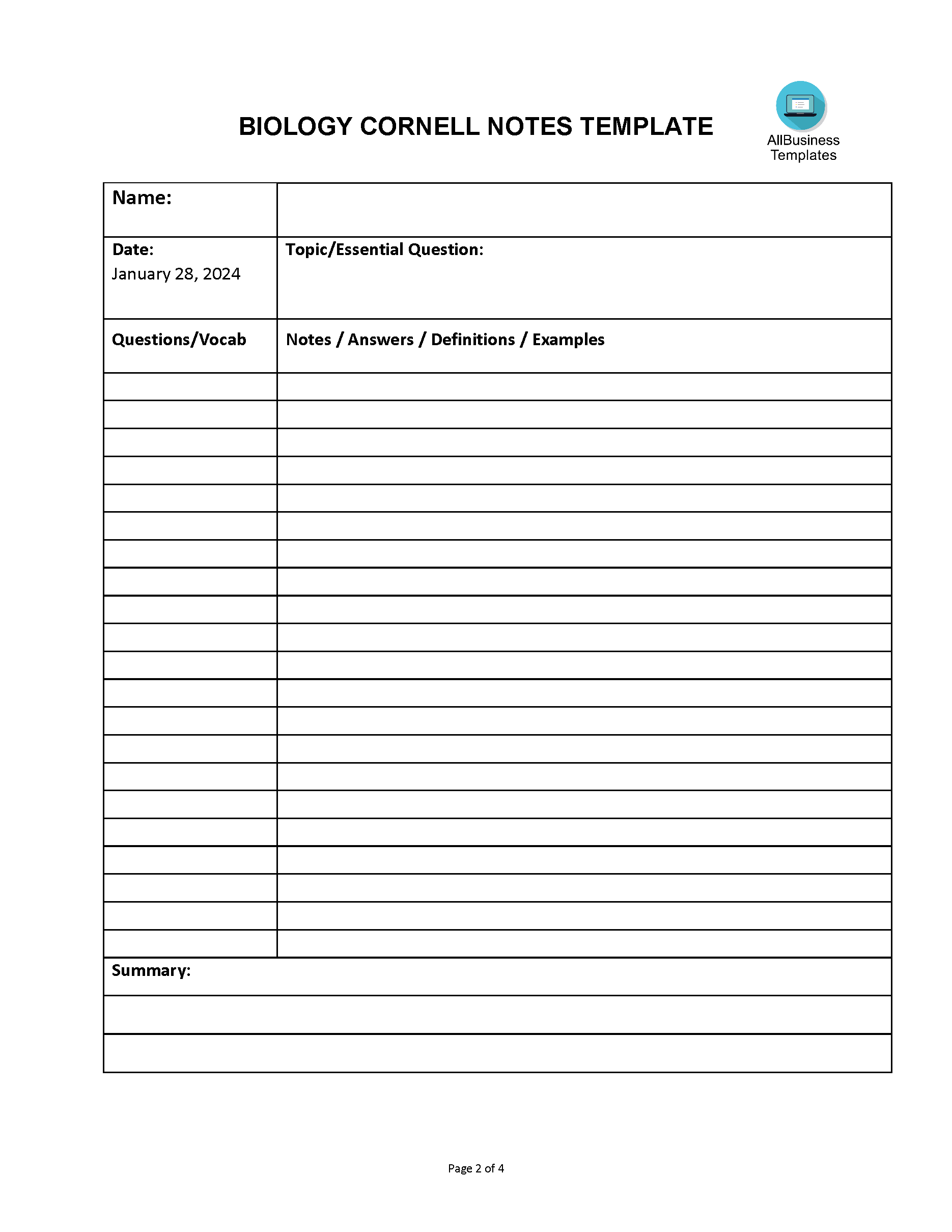 Cornell Style Notes | Templates at allbusinesstemplates.com