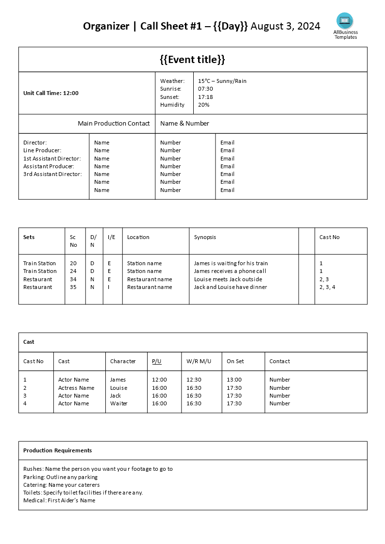 Sample Call Sheet | Templates at allbusinesstemplates.com
