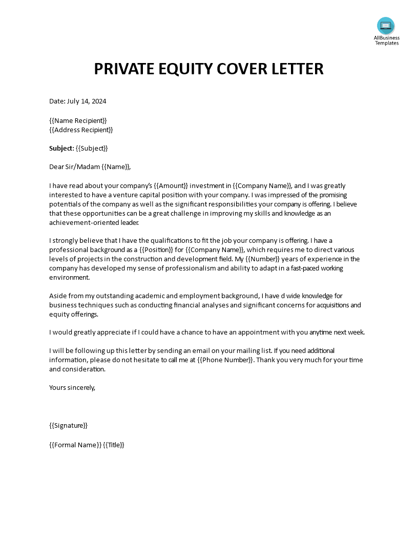 Private Equity Cover Letter | Templates at allbusinesstemplates.com