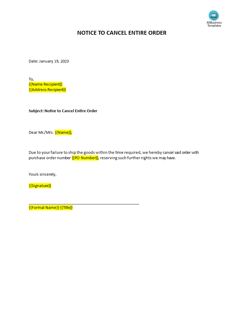 Notice To Cancel Entire Order | Templates at allbusinesstemplates.com