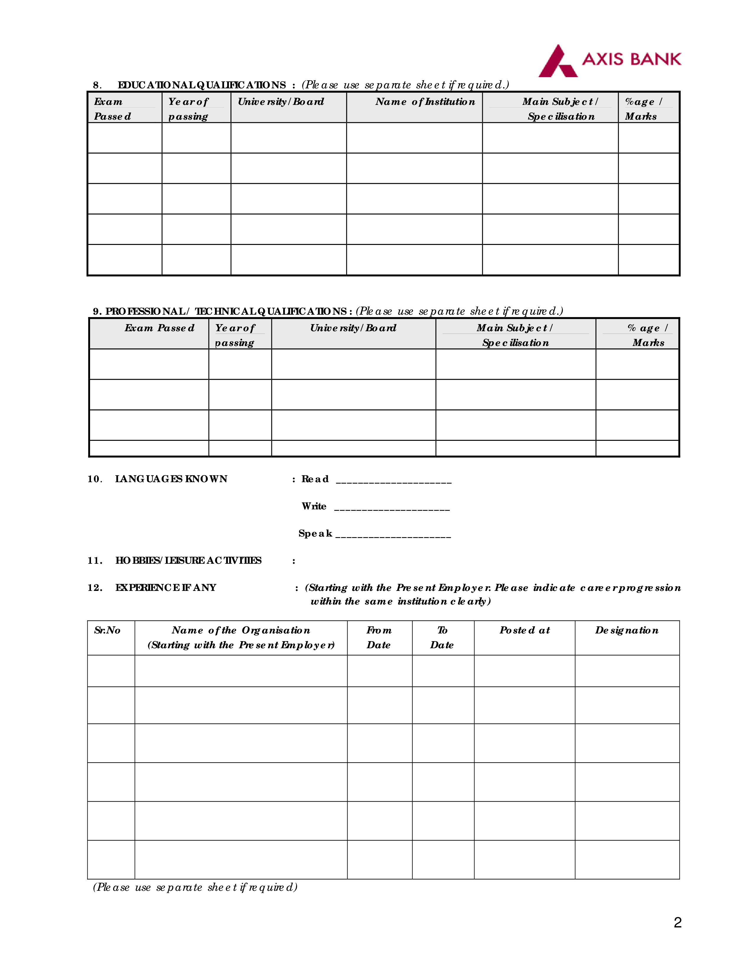 libreng HR Job Application Form for Bank