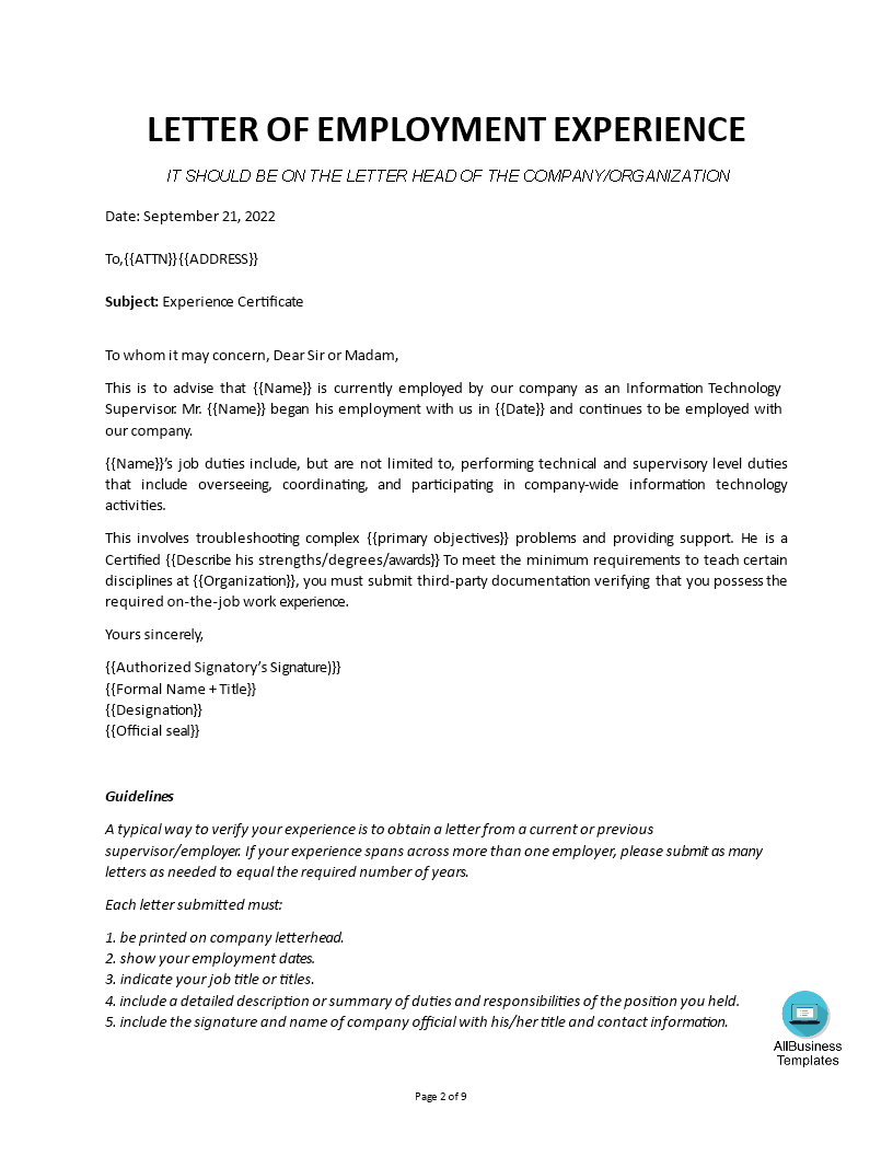 Work Experience Certificate | Templates at allbusinesstemplates.com
