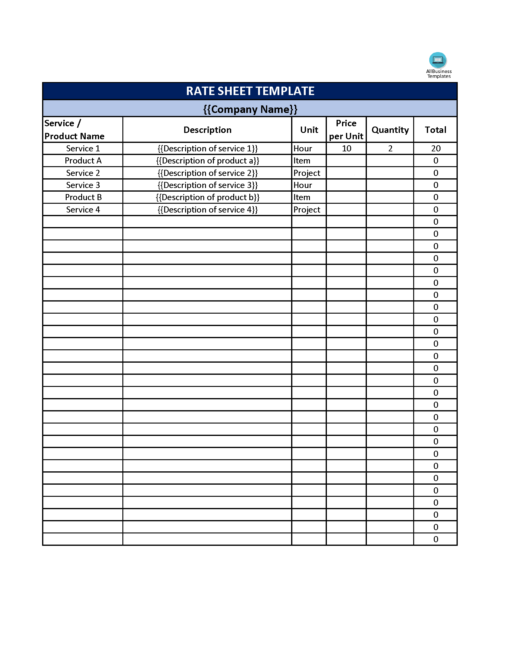 Rate Sheet Template MIT Printable