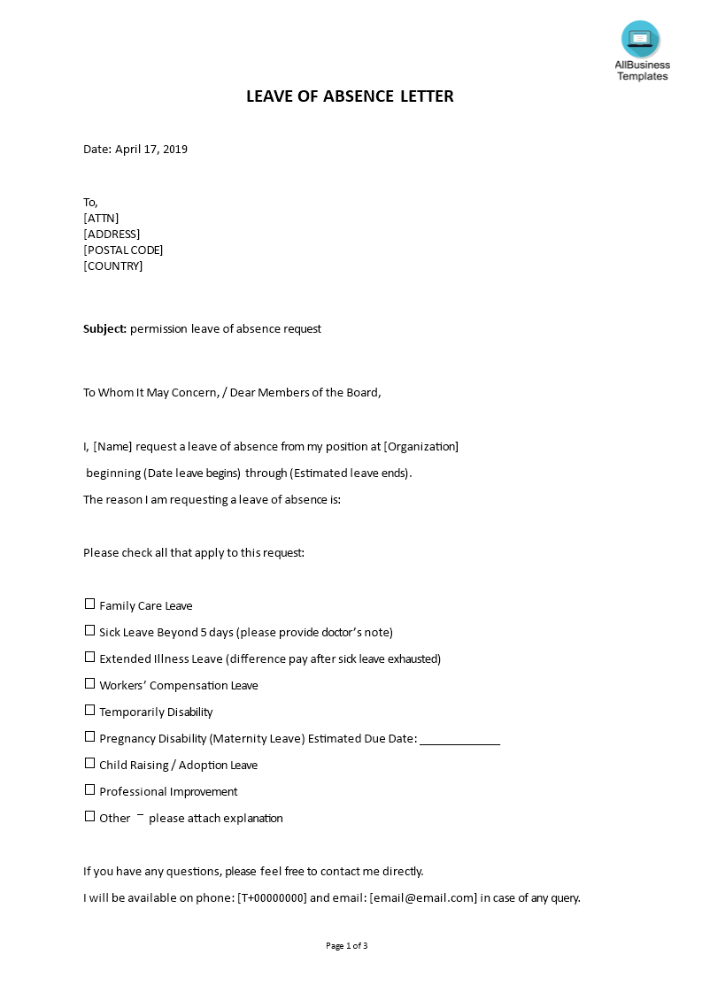 Leave Of Absence Letter Sample Templates At Allbusinesstemplates