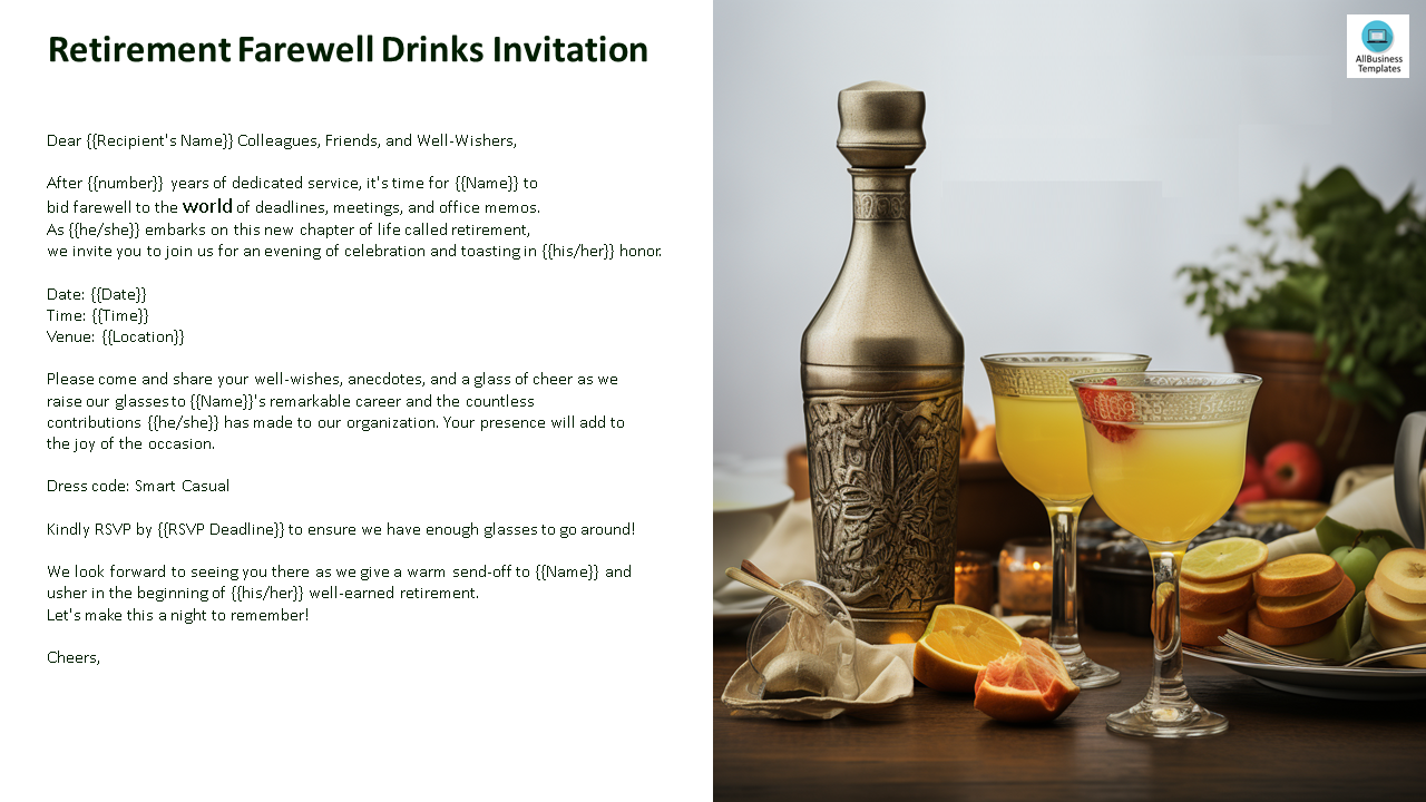 免费 Retirement Farewell Drinks Invitation | 样本文件在 allbusinesstemplates.com 免费 Retirement Farewell Drinks Invitation | 样本文件在 allbusinesstemplates.com
