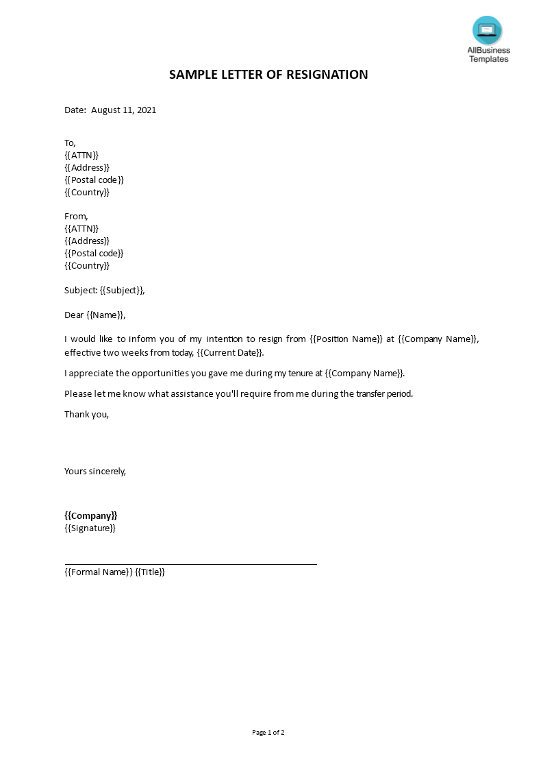 Letter of Resignation Sample | Templates at allbusinesstemplates.com