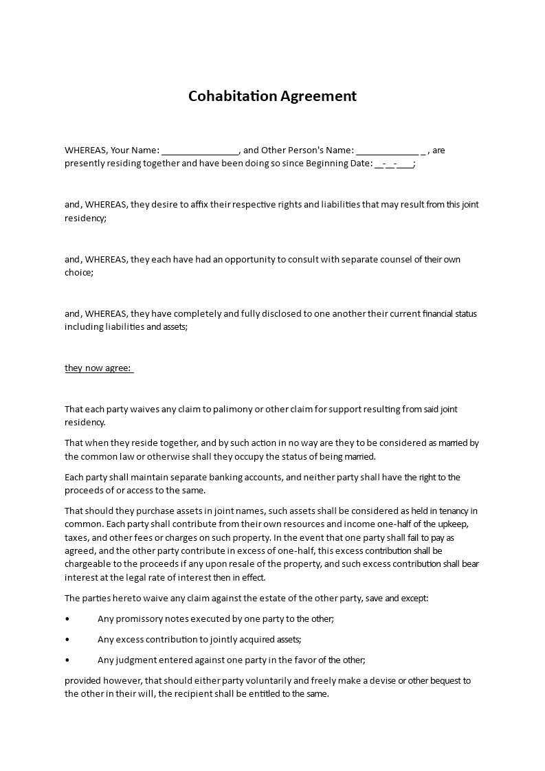 Cohabitation Agreement Templates At Allbusinesstemplates