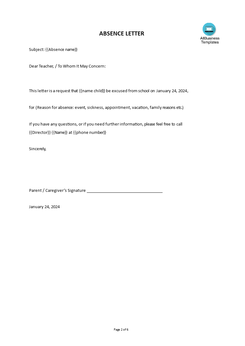 School Absence Letter | Templates at allbusinesstemplates.com