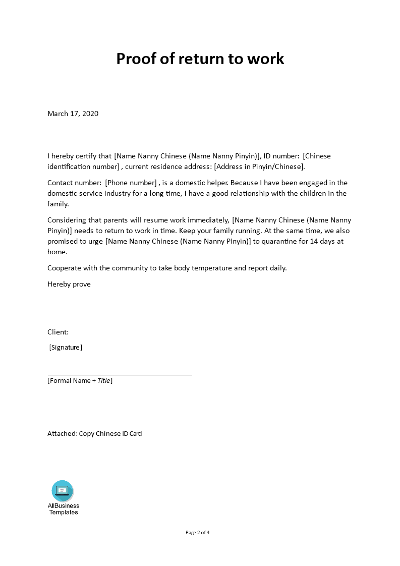 Employer Proof of Return To Work Ayi Covid-19 | Templates at ...