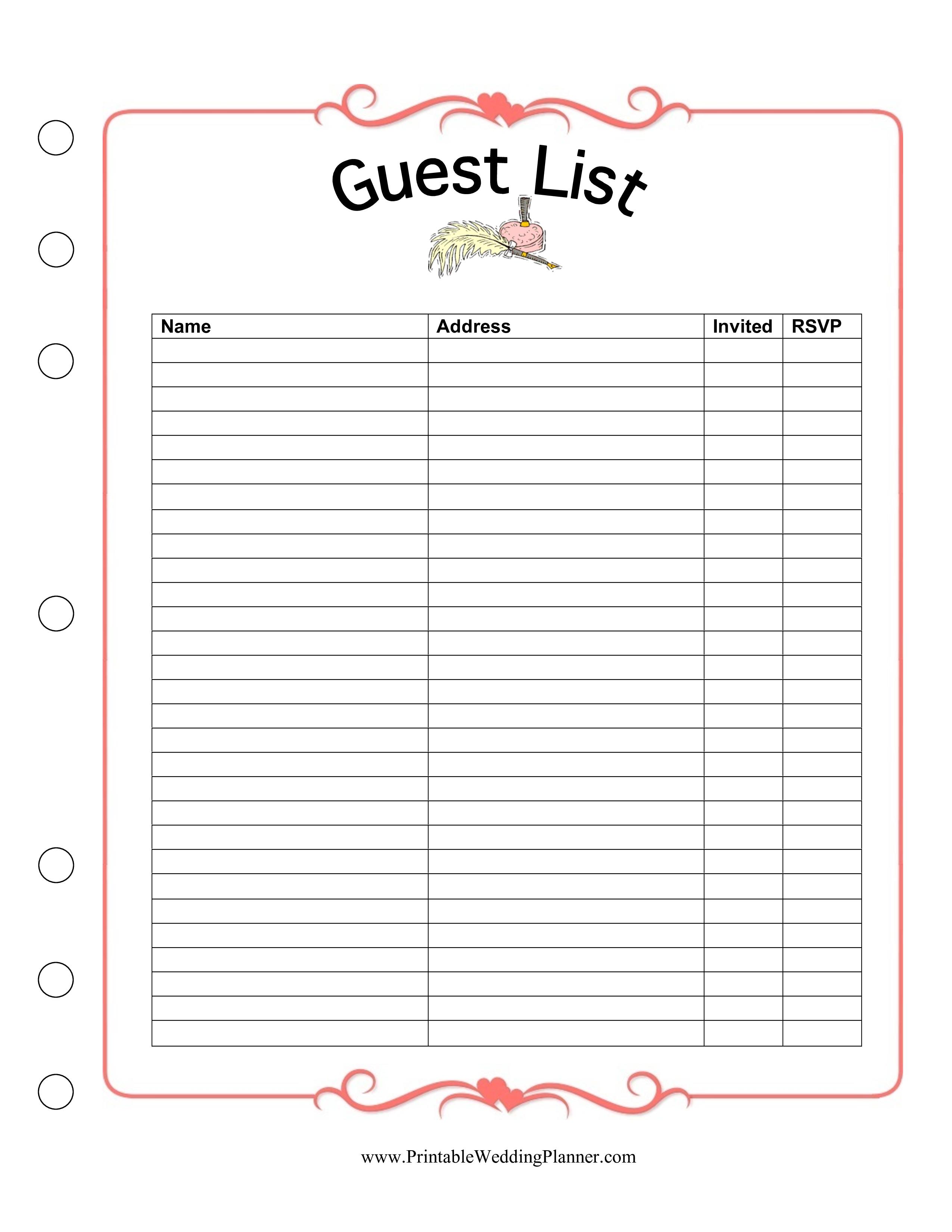 Wedding Guest List Printable