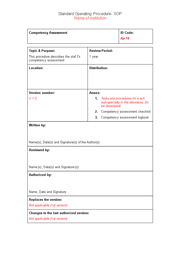 Competency Assessment SOP | Templates at allbusinesstemplates.com