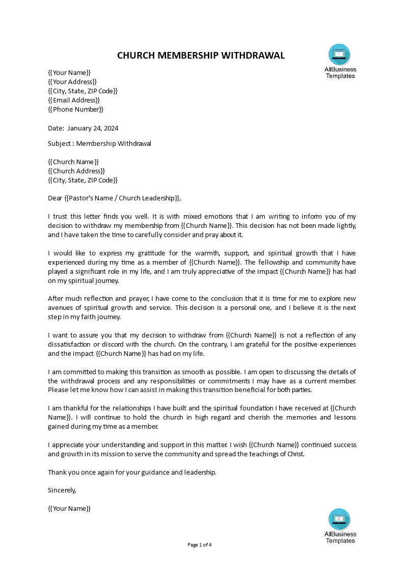Church Membership Resignation Letter | Templates at ...