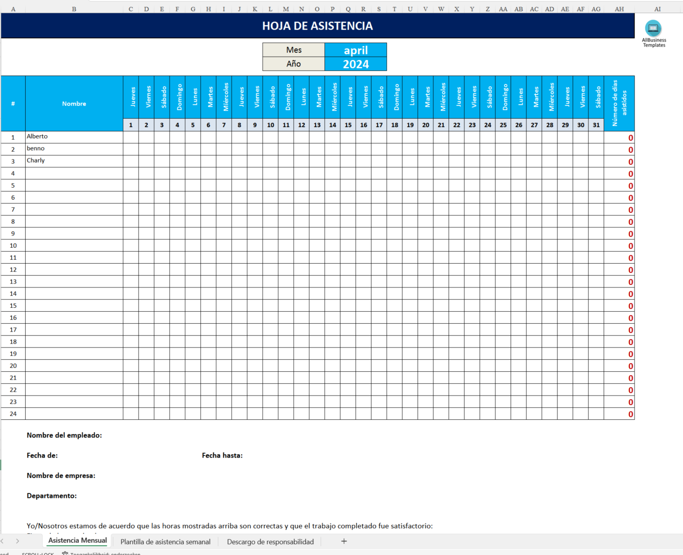 Hoja de asistencia semanal Gratis