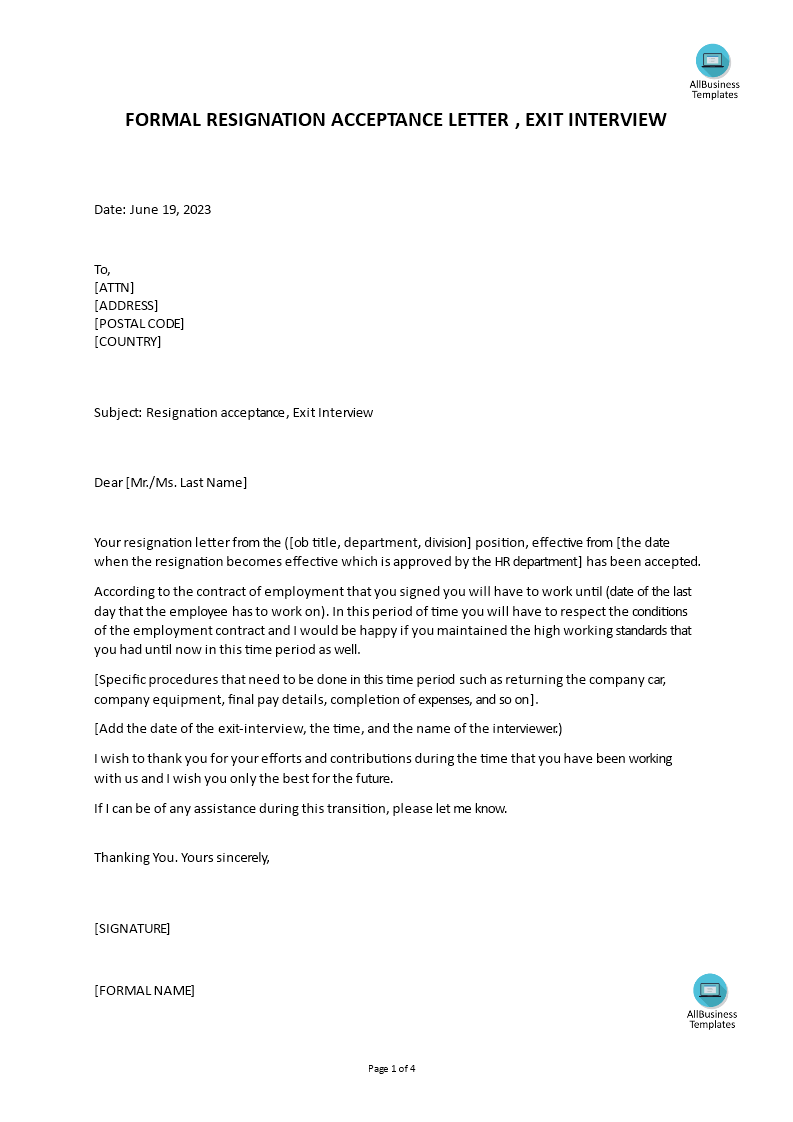 Resignation Acceptance Letter Email | Templates at allbusinesstemplates.com