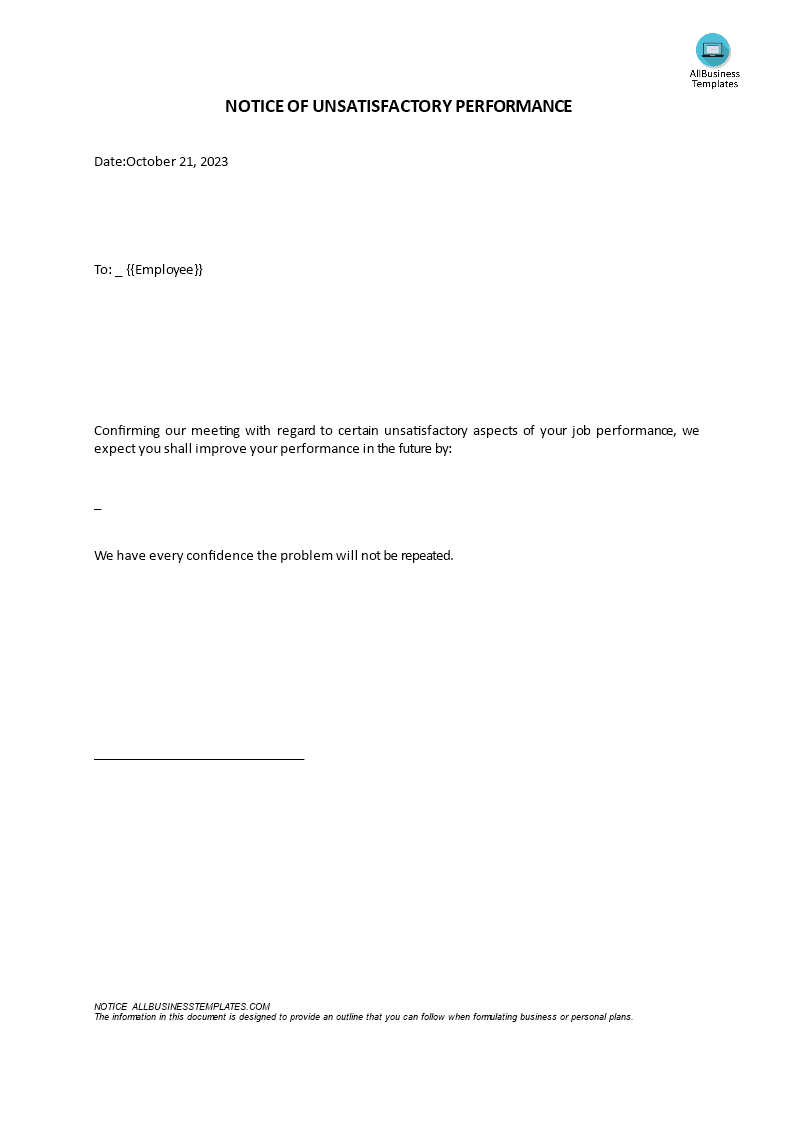 Notification Unsatisfactory Job Performance | Templates at ...