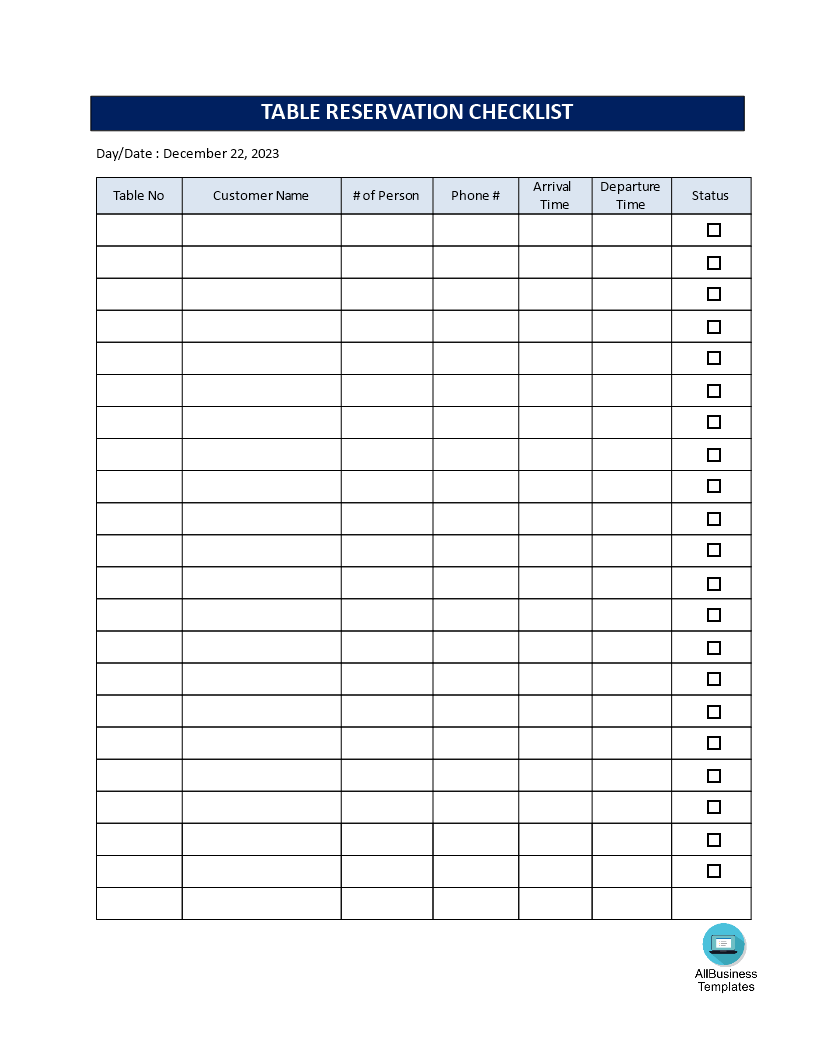 Restaurant Table Reservation Checklist Gratis