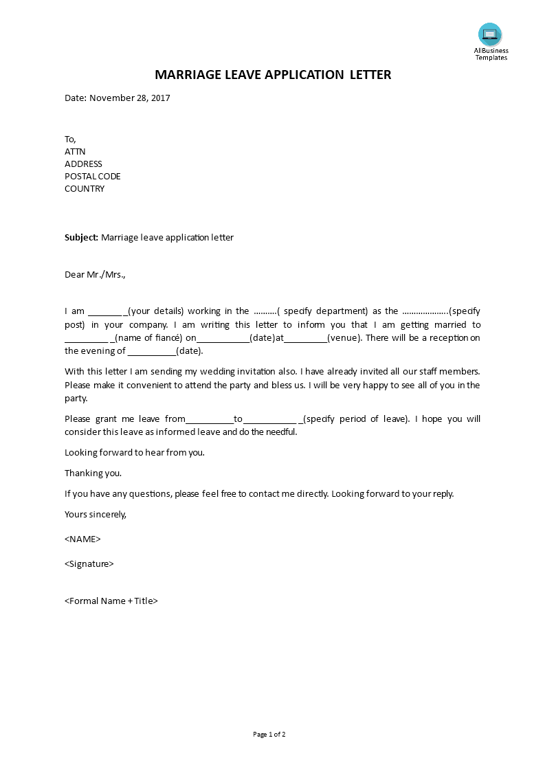 Marriage Leave Application Letter Templates At Allbusinesstemplates