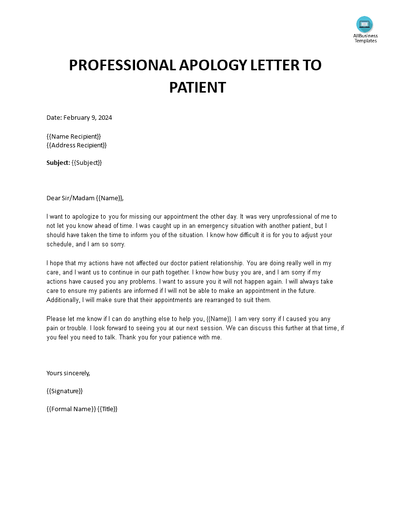 Professional Apology Letter to Patient | Templates at ...