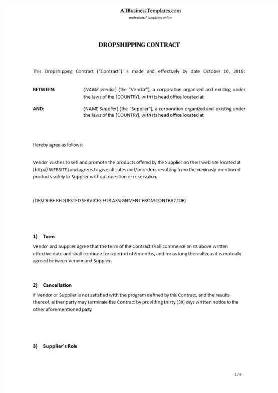 Drop Shipping Agreement Template Templates At Allbusinesstemplates