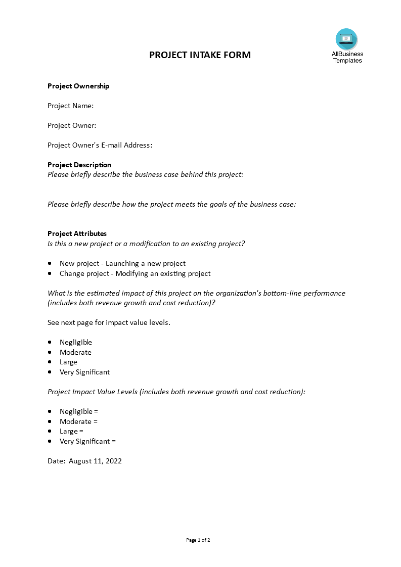 Project Intake Form | Templates at allbusinesstemplates.com
