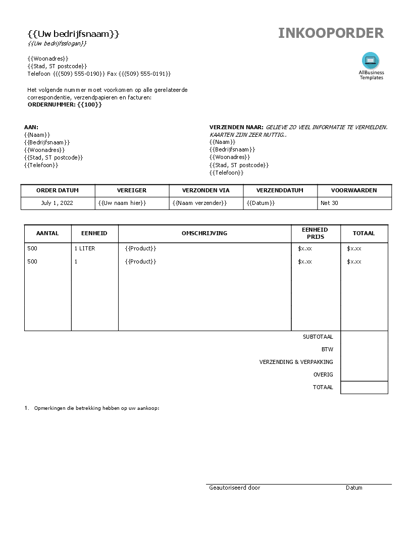 Télécharger Gratuit Inkoop Order Voorbeeld