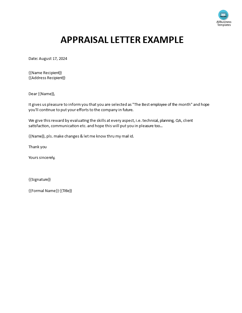 Appraisal Letter Example | Templates at allbusinesstemplates.com