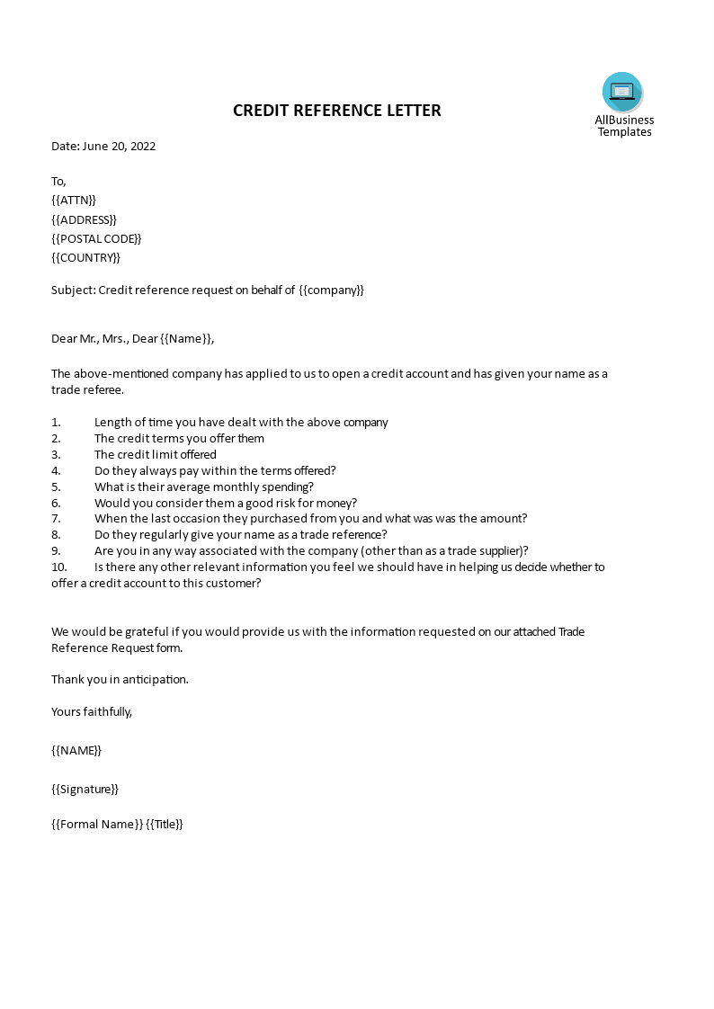 Request For Credit Reference Letter | Templates at allbusinesstemplates.com