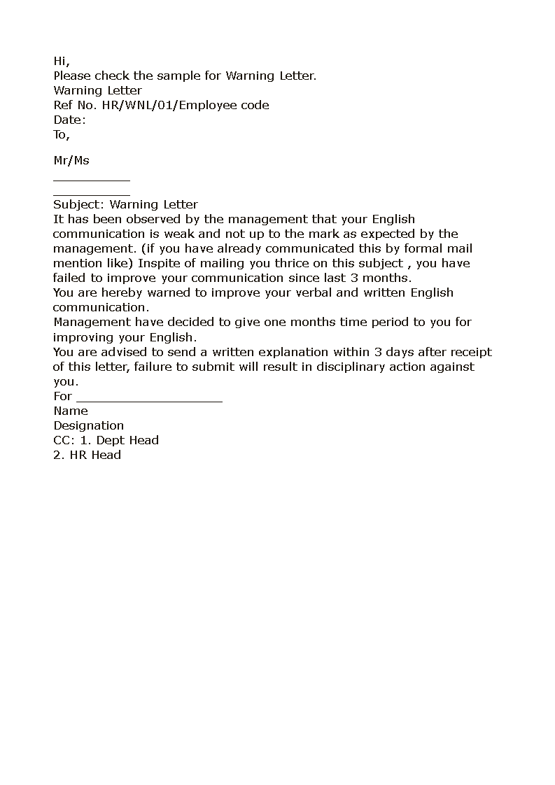 Poor Performance Warning Letter Format Templates At 