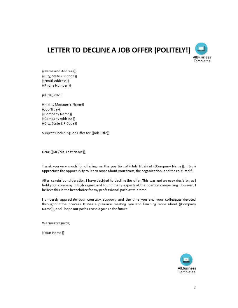Decline Counter Offer Letter Sample | Templates at allbusinesstemplates.com