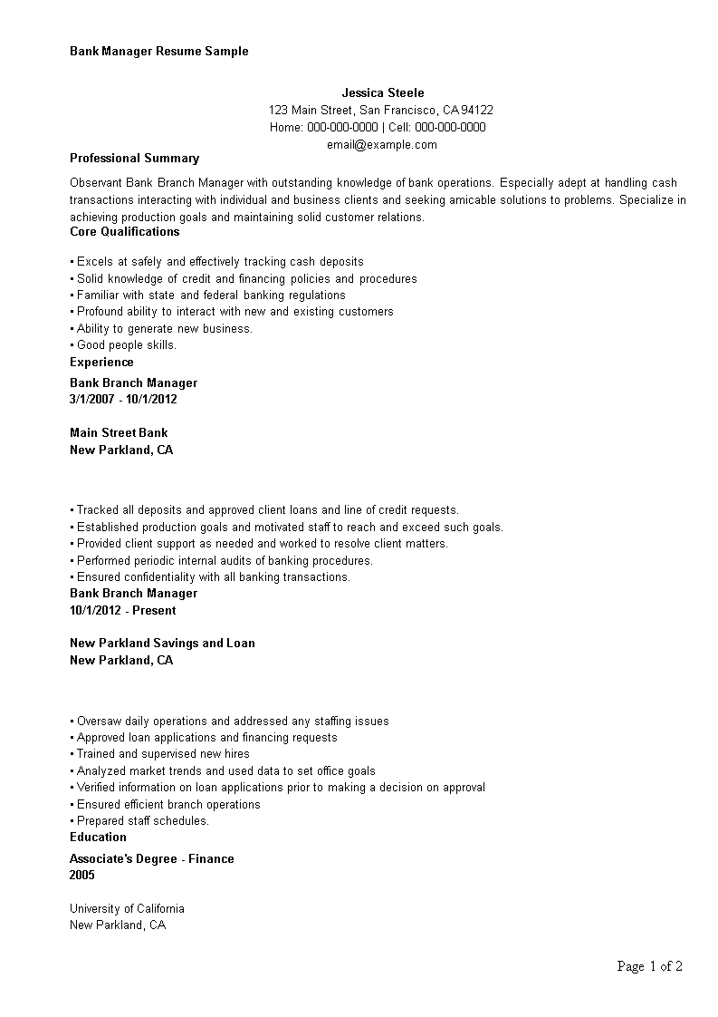 Bank Manager Resume Sample | Templates at allbusinesstemplates.com