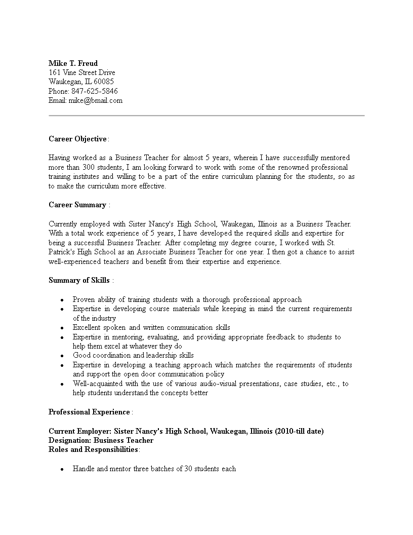 High School Business Teacher Resume template | Templates at ...