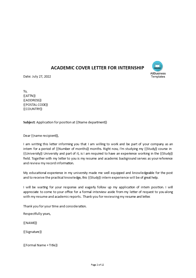 Letter Of Application For Internship | Templates at ...