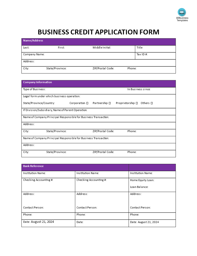 blank credit application form for business free | Templates at ...