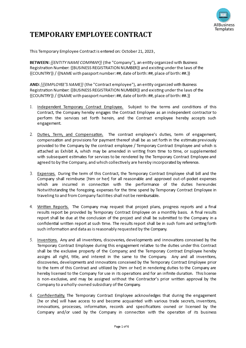 Premium Arbeidscontract sjabloon