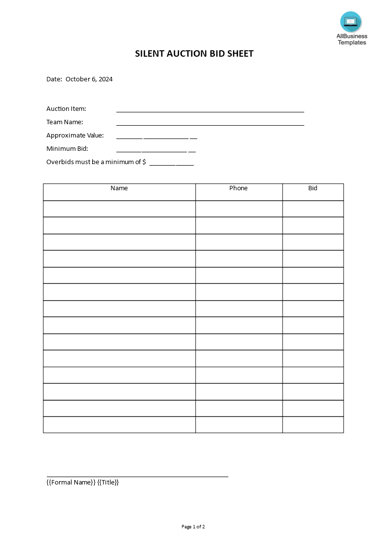 Silent Auction Sheet | Templates at allbusinesstemplates.com