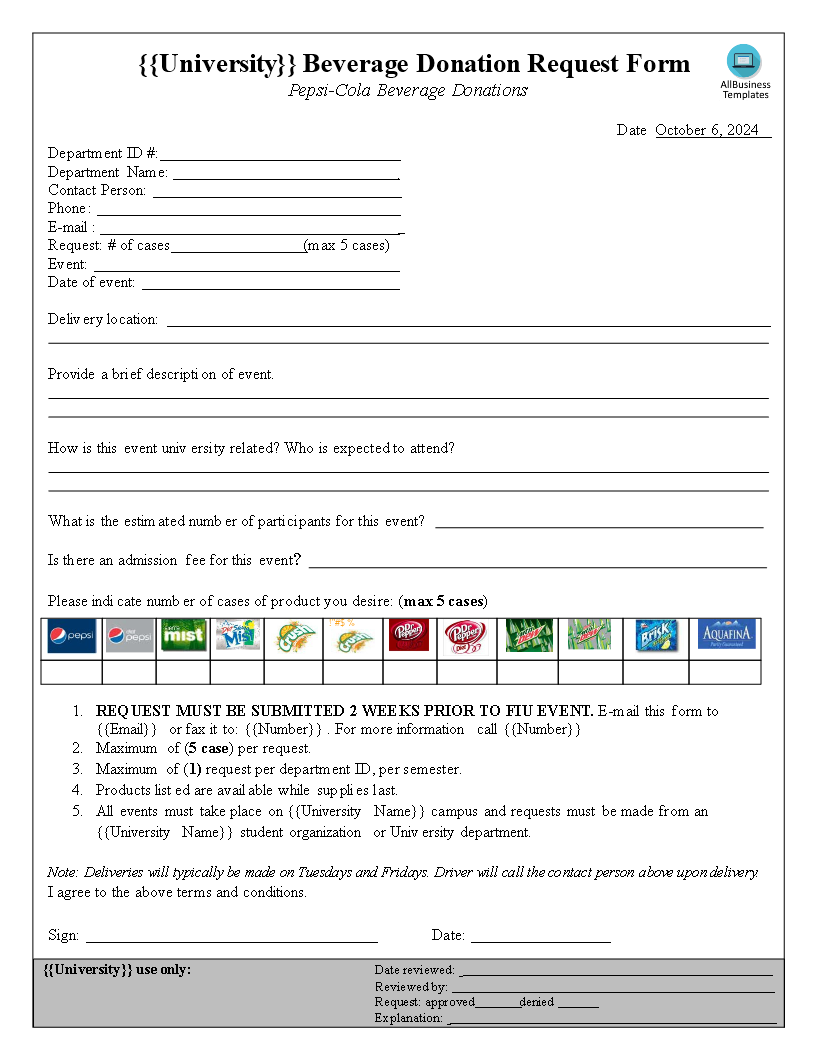 Donation Request Form From Pepsi | Templates at allbusinesstemplates.com