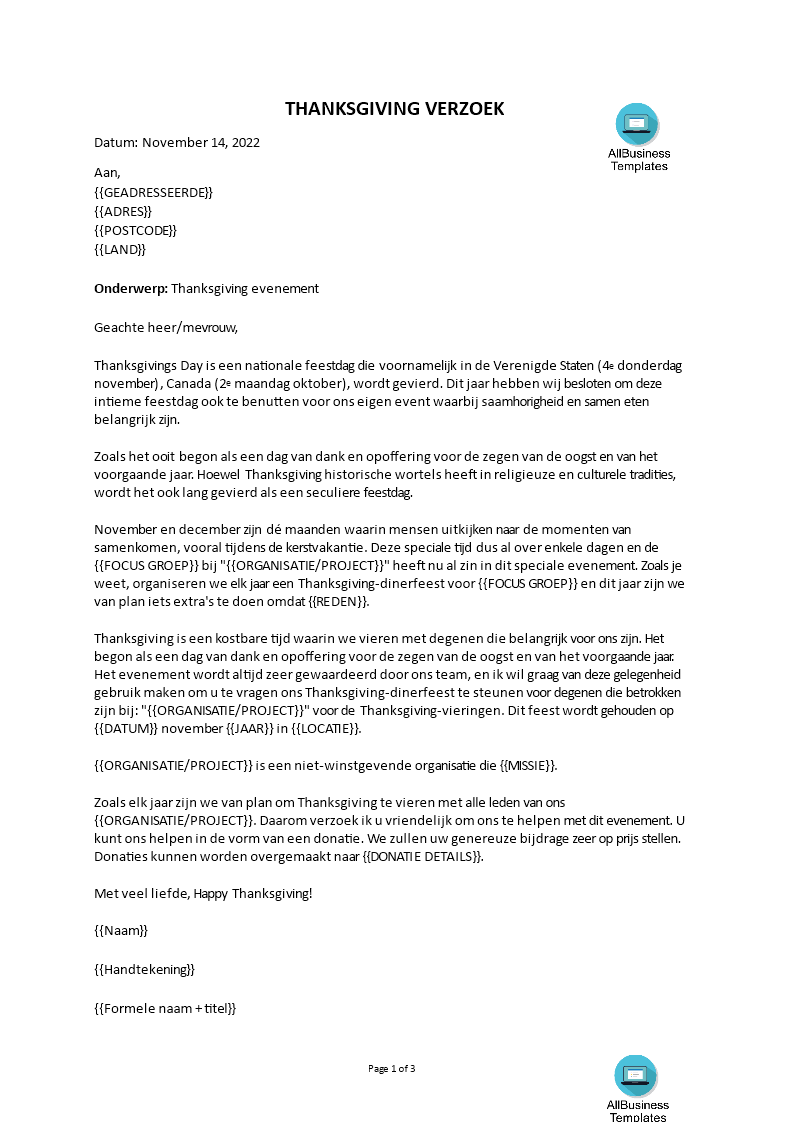 Thanksgiving Diner Verzoekbrief | Templates at allbusinesstemplates.com