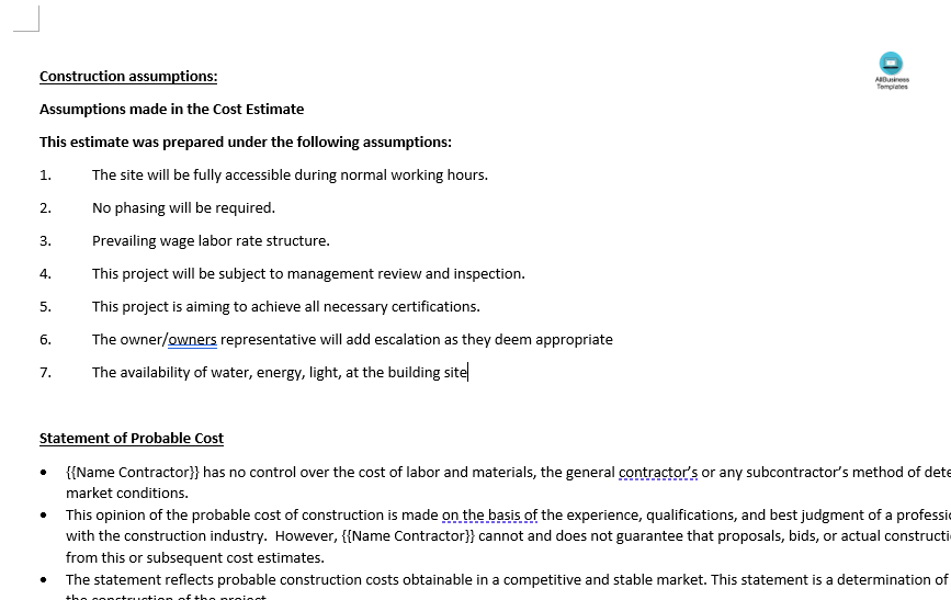 Construction Proposal Assumptions Example - Modèle Professionnel
