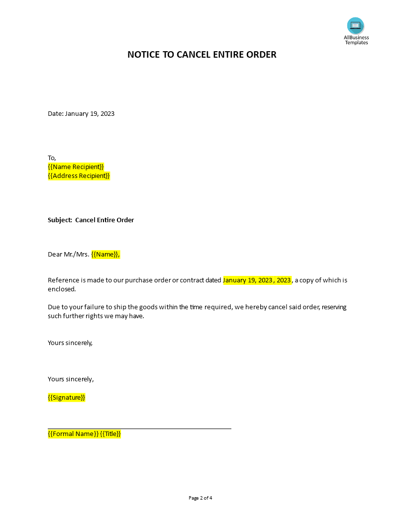 Notice To Cancel Entire Order | Templates at allbusinesstemplates.com