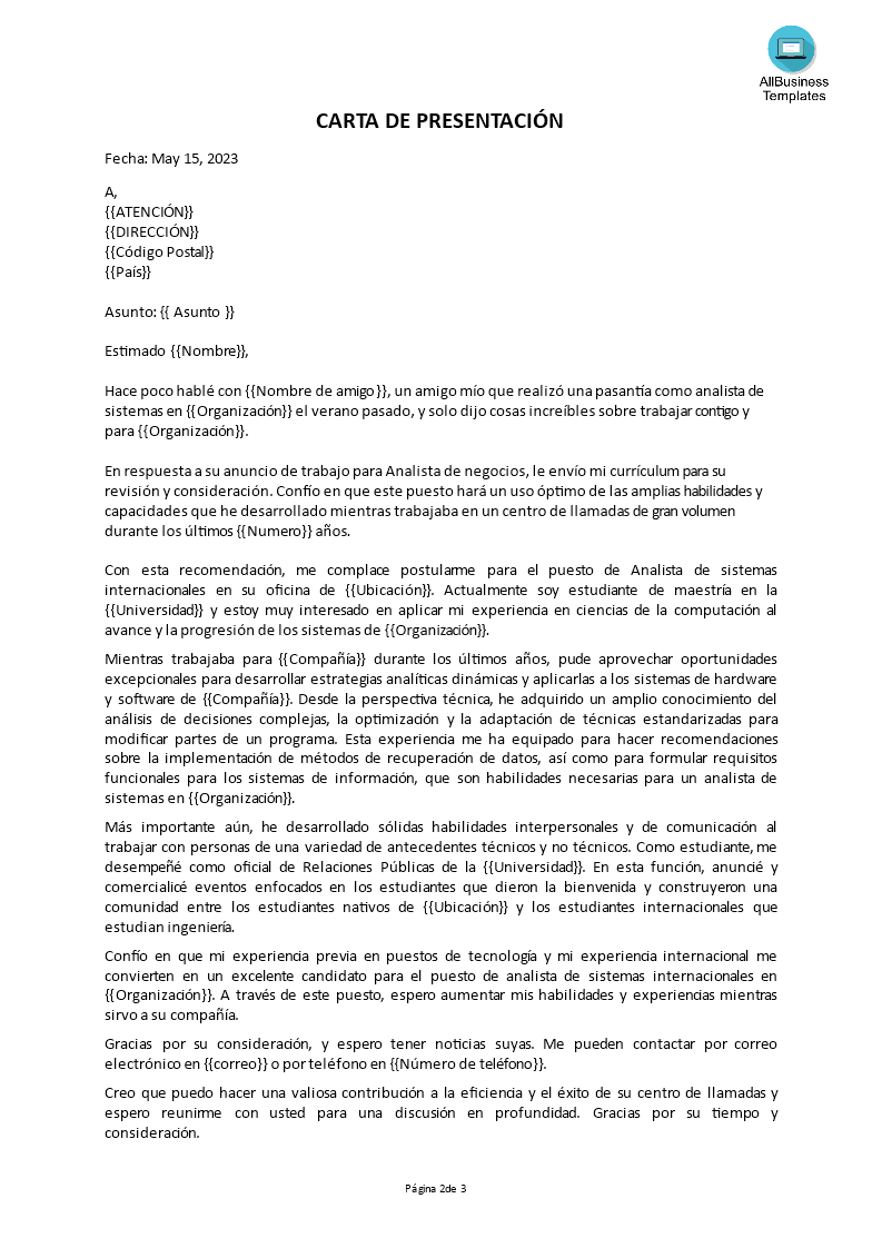 Ejemplo de Carta de Presentación Personal Gratis