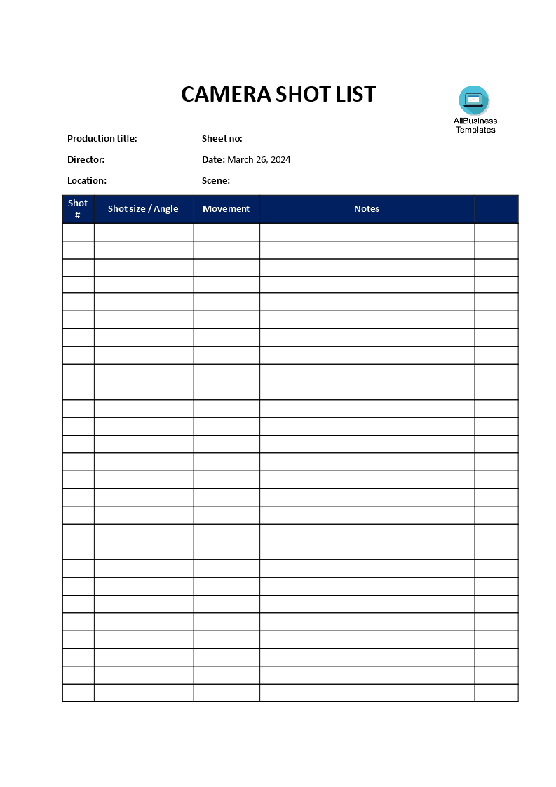 免费 Shot List Example | 样本文件在 allbusinesstemplates.com