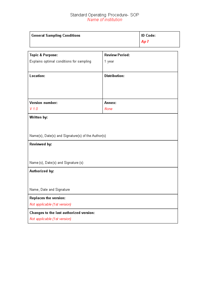 Sampling Conditions SOP | Templates at allbusinesstemplates.com
